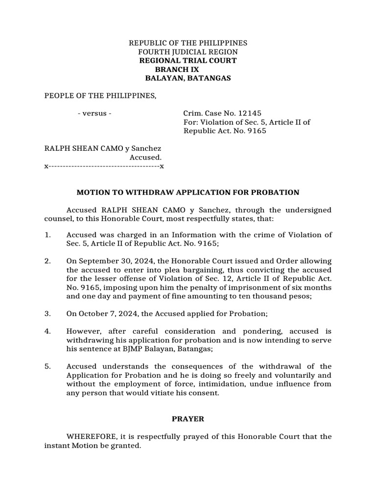 Motion to Withdraw Probation Application | PDF | Probation | Plea Bargain