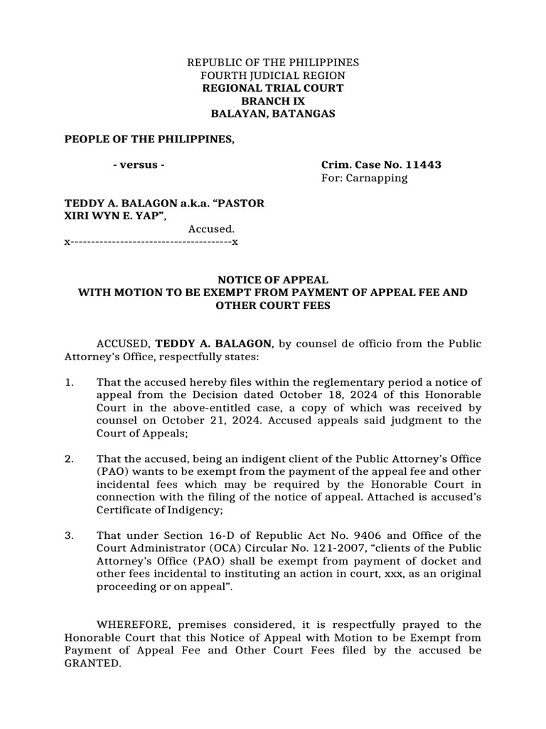 Notice of Appeal - Teddy Balagon | PDF | Public Sphere | Legal Procedure