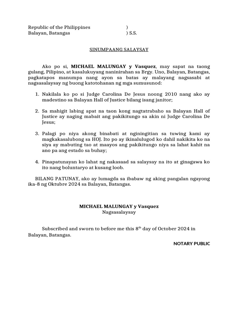 Sinumpaang Salaysay - Michael Malungay | PDF