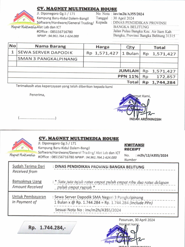 SPJ Inoice 30 April 2024 Sman 3 Pangkalpinang | PDF