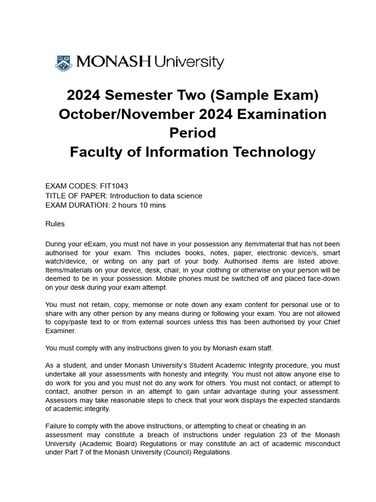 FIT1043 Sample Exam Guidelines | PDF | Multiple Choice | Big Data