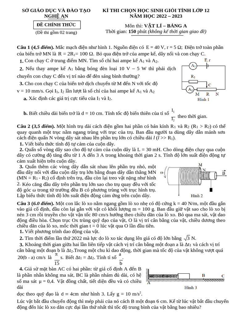 Vat Li 12 de Thi HSG Mon Vat Li 12 So GDDT Nghe An Nam Hoc 2022 2023 | PDF