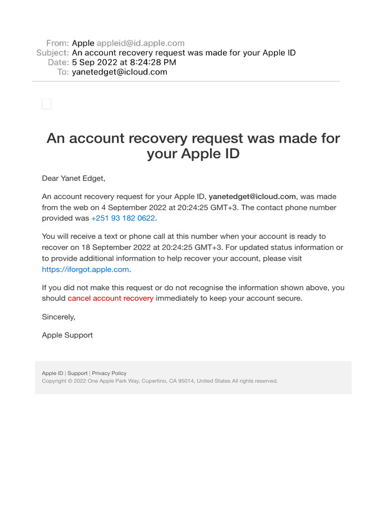 An Account Recovery Request Was Made For Your Apple ID | PDF
