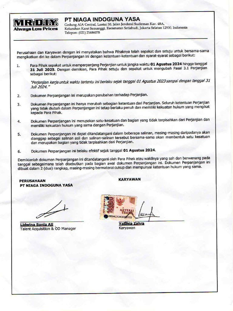 PKWT Yasinia Zahra 11 Oktober 2024 | PDF