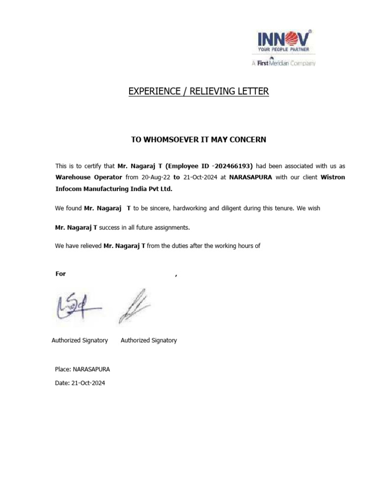 I Am Sharing 'Experience Letter 'Nagaraj T' With You | PDF