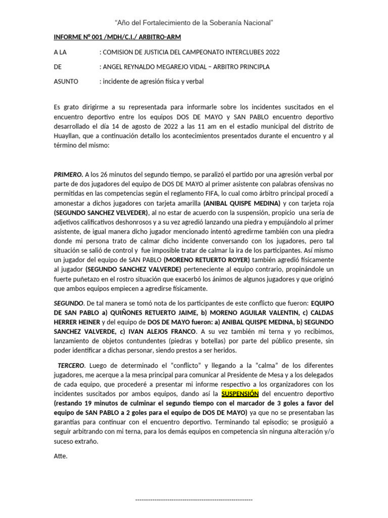 Informe Arbitral Huayllan | PDF | Deportes
