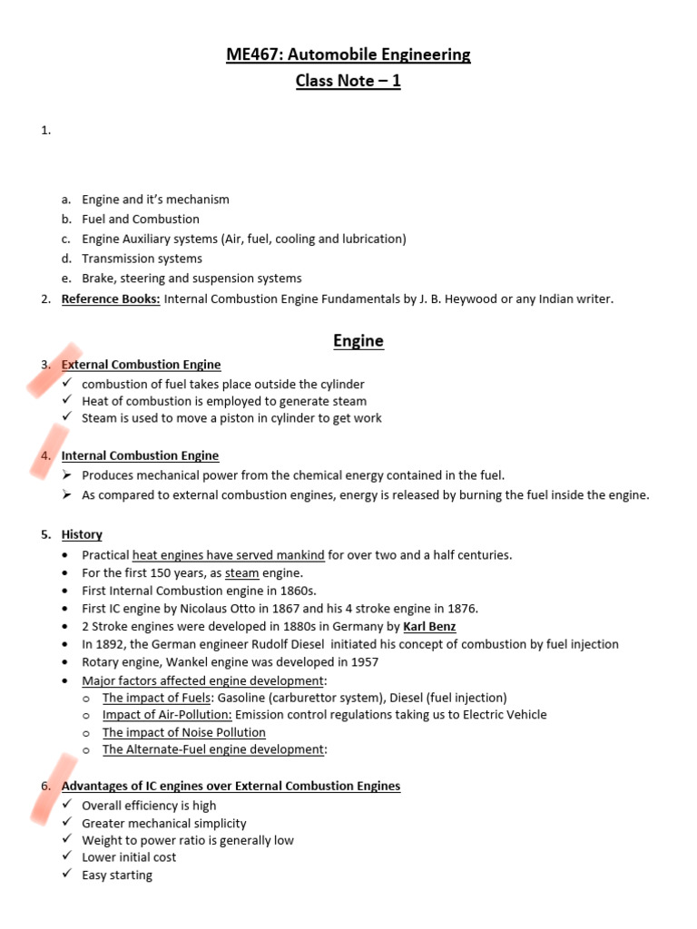 SU ME 467 Automobile Engineering Class Note 1 Engine Basics | PDF ...
