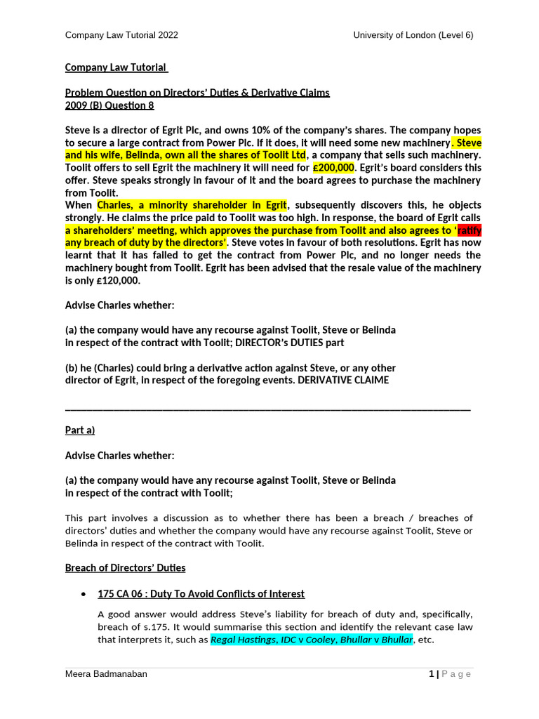 Company Law Tutorial 15 Egrit PLC On Directors' Duties and Derivative ...