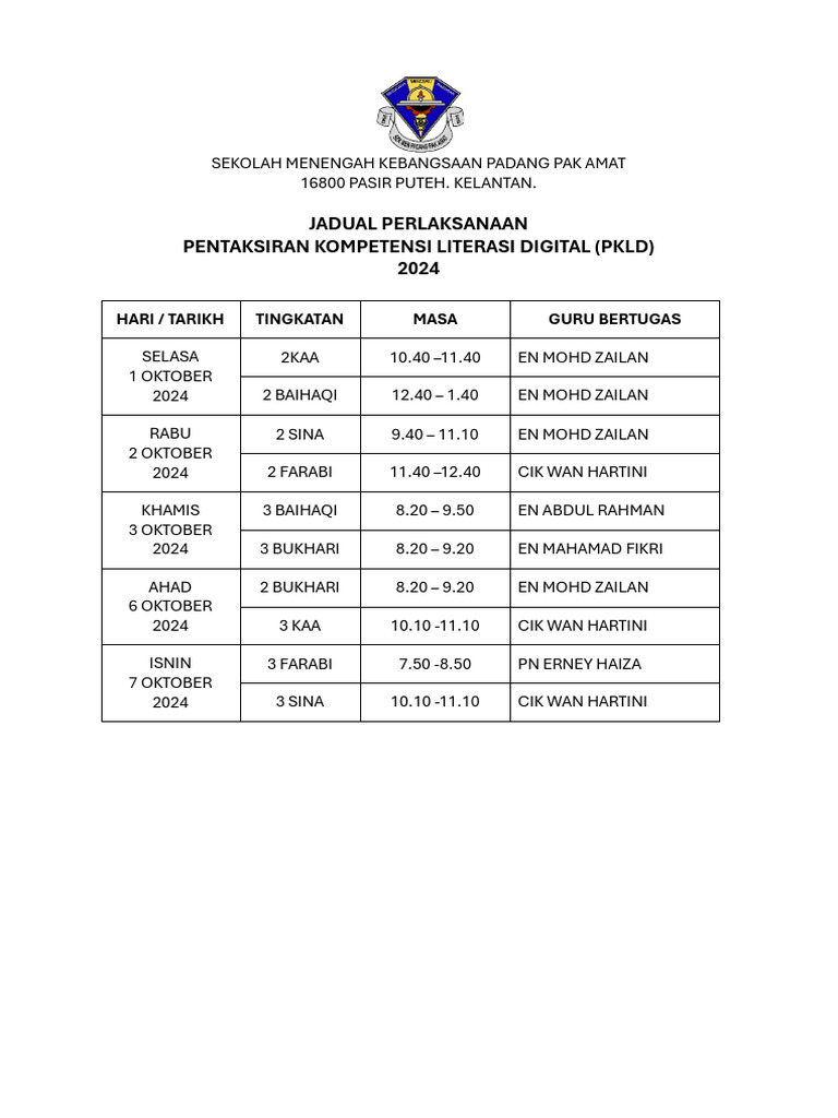 Jadual Perlaksanaan Pkld Pdf