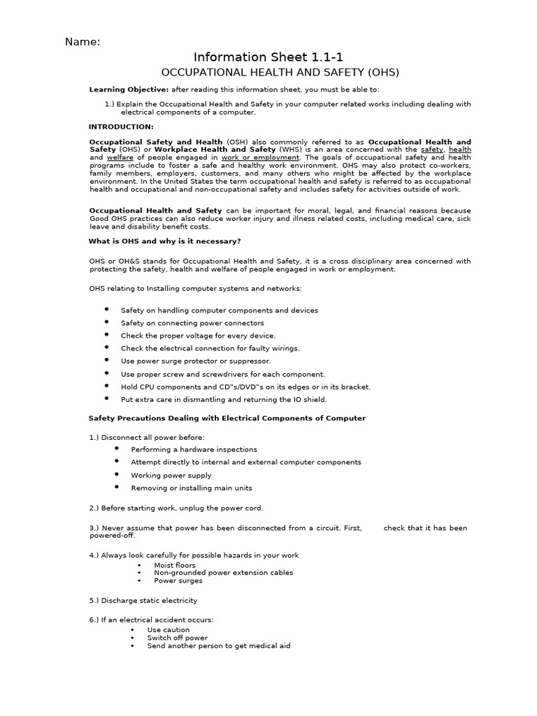 OHS 1st Module CSS 11 | PDF | Occupational Safety And Health | Electrostatic Discharge