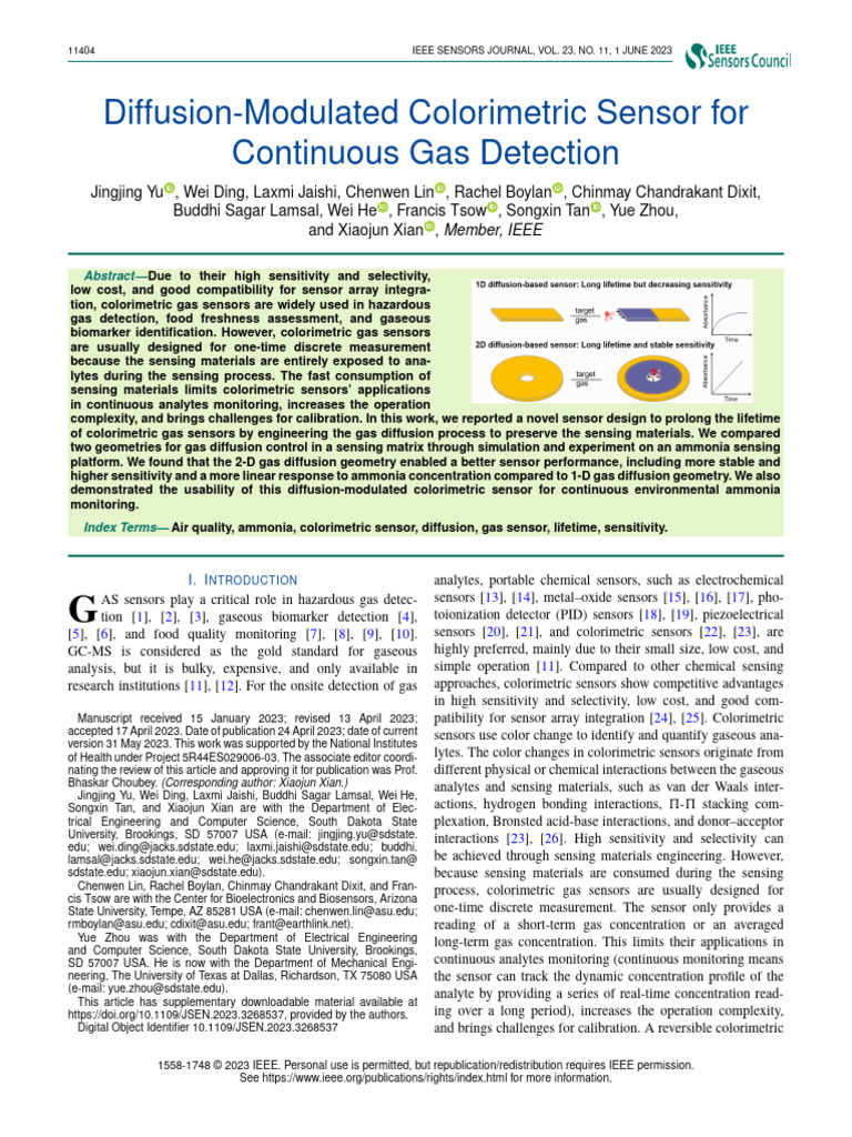 Diffusion-Modulated Colorimetric Sensor For Continuous Gas Detection | PDF | Ammonia | Diffusion