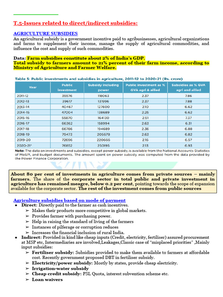 T 5, T 5 1 Issues Related To Direct and Indirect Farm Subsidies | PDF ...