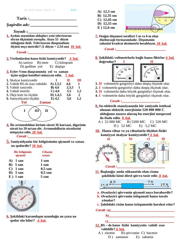 VII Sinif Fizika KSQ - 1. 2024 | PDF