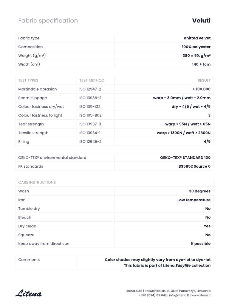 veluti-tech-spec-en | PDF | Textiles | Materials