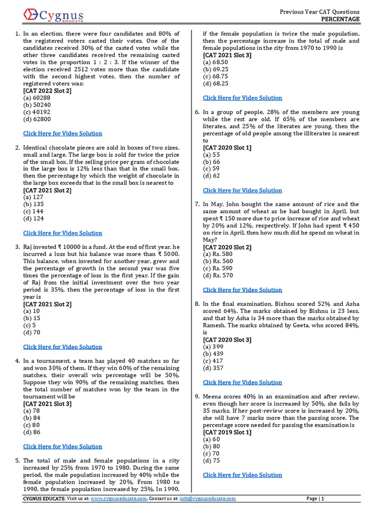 CAT Percentage Questions Overview | PDF | Question | Percentage