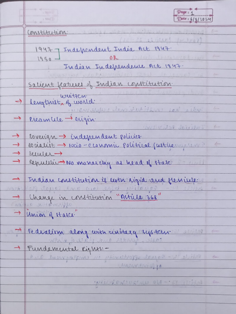 Indian Constitution Notes (Mid Sem 1) | PDF