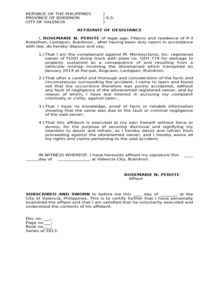 Affidavit of Desistance - Perote | PDF