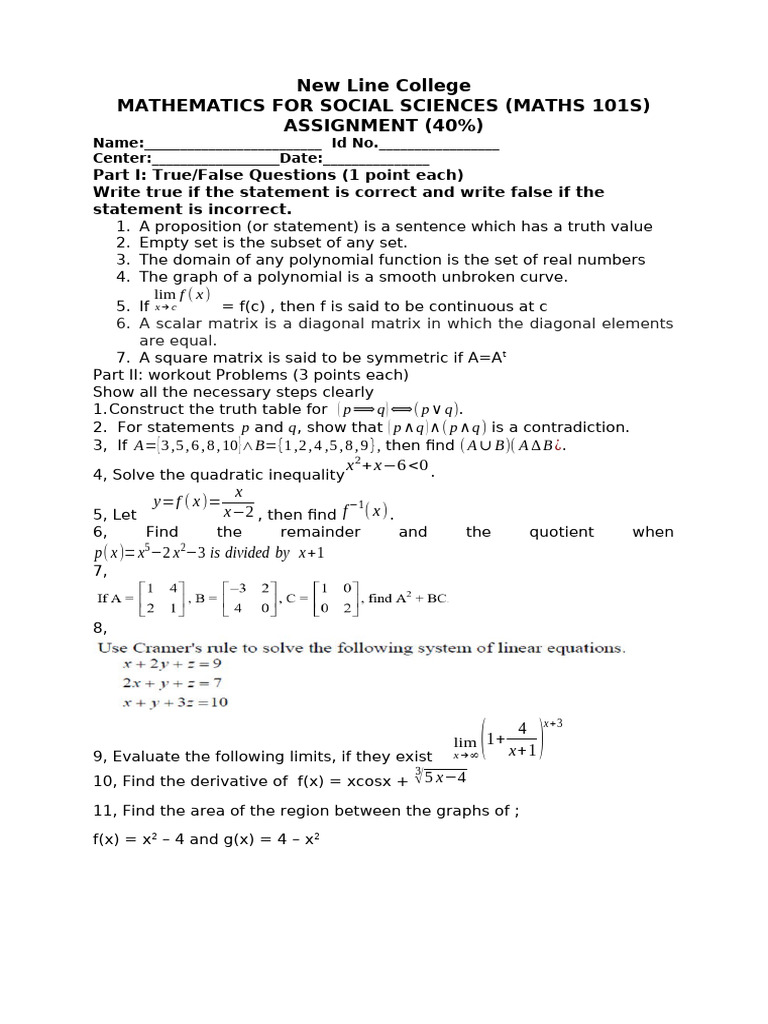 Mathematics For Social Sciences Assignment | PDF