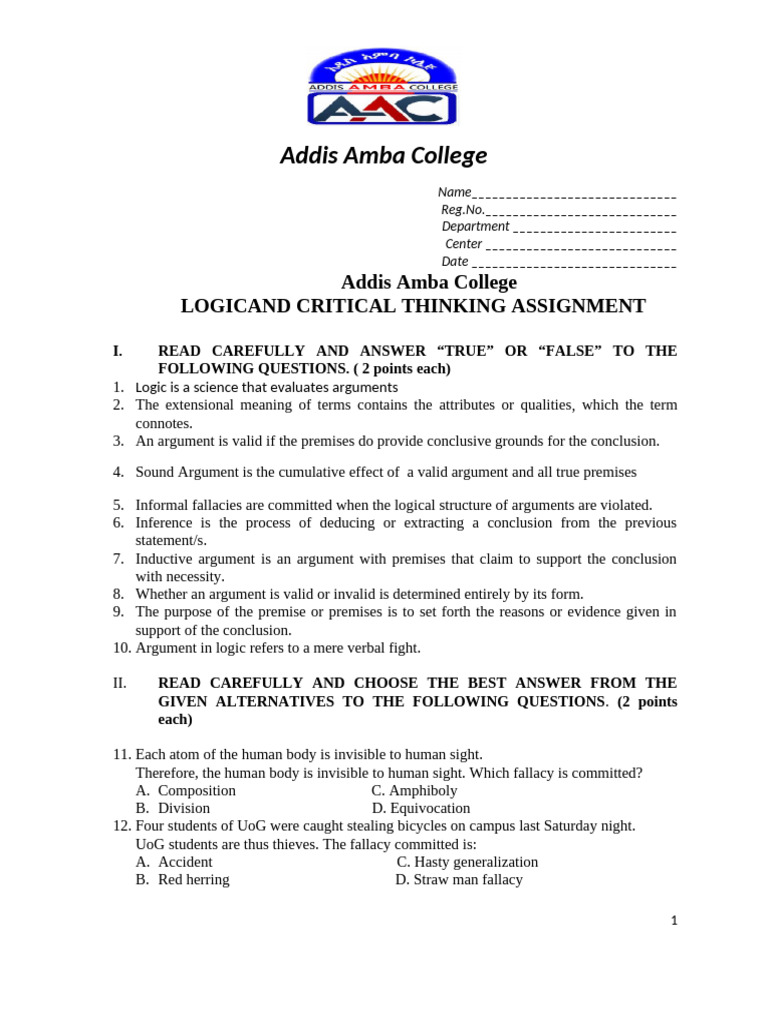 Critical Thinking Assignment | PDF | Argument | Fallacy