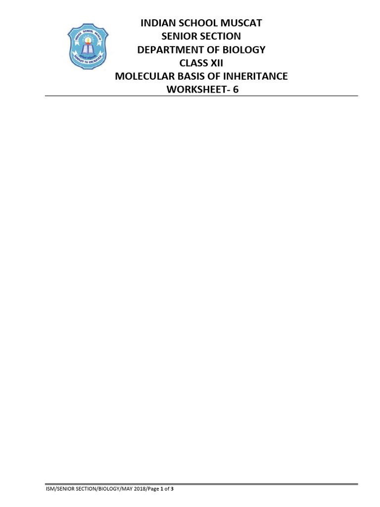 Class - Xii - Biology - Molecular Basis of Inheritance - Worksheet - 6 ...