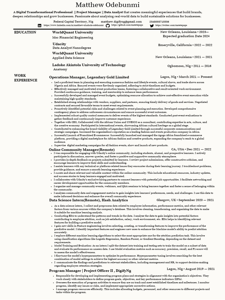 Matthew Odebunmi Resume | PDF | Brand | Performance Indicator