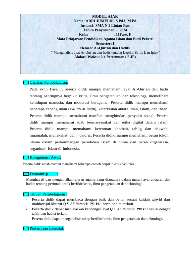 Modul PAI - Kelas 11 Sem 1 - Berpikir Kritis | PDF