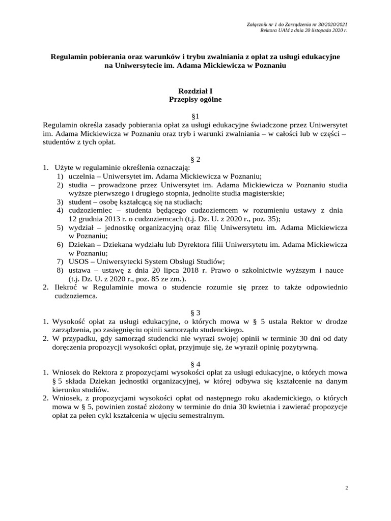 Zal. NR 1 Regulamin Oplat | PDF