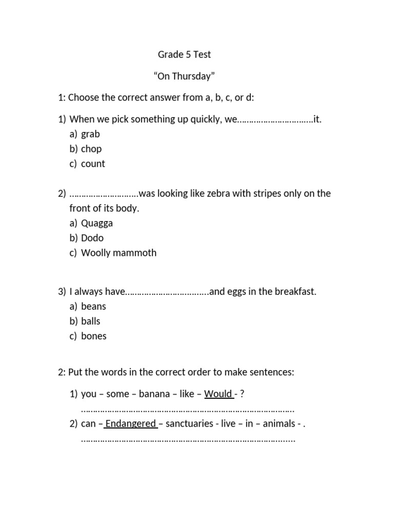 Grade 5 English Quiz | PDF