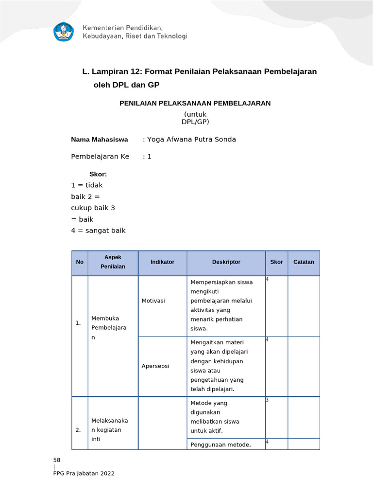 Yoga Afwana Putra Sonda - Lembar Penilaian | PDF