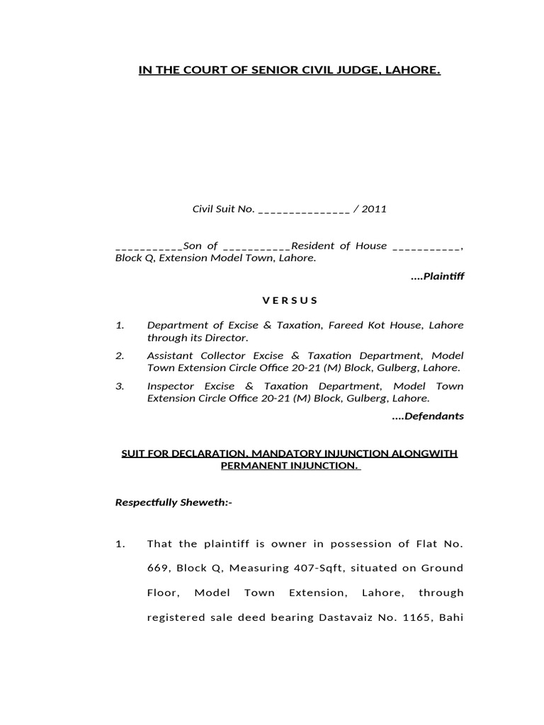 Suit For Declaration, Mandatory Injunction Along With Permanent ...