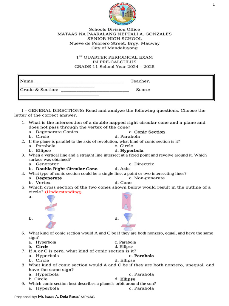 PRE-CAL PERIODICAL EXAM QUESTION | PDF | Ellipse | Algebraic Geometry