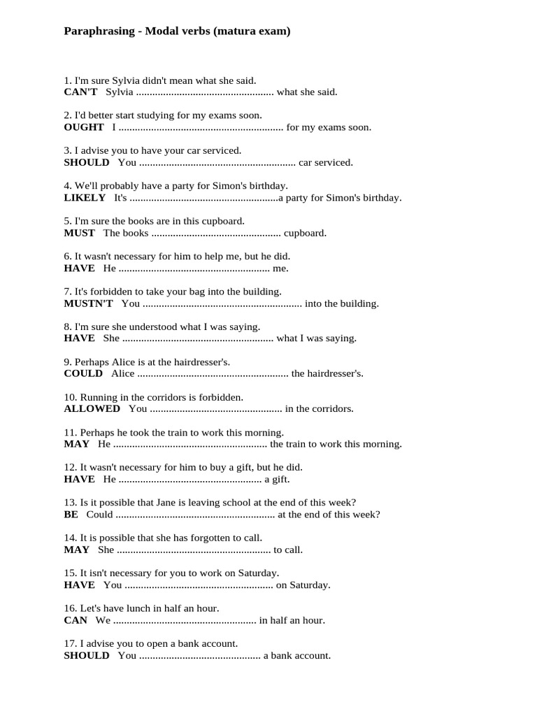 Modal Verbs Paraphrasing Matura | PDF