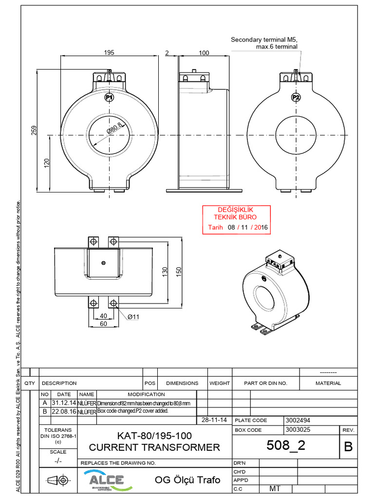 KAT-80/195-100 Current Transformer: Secondary Terminal M5, Max.6 ...
