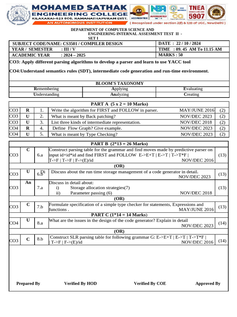 Compiler 2024 Iat 2 Set 1 | PDF | Parsing | Computer Science