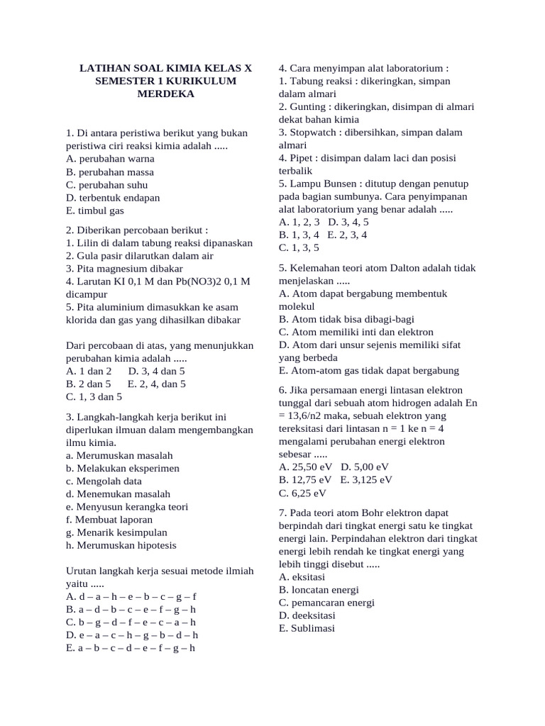 Soal Kimia Kelas X Semester 1 | PDF