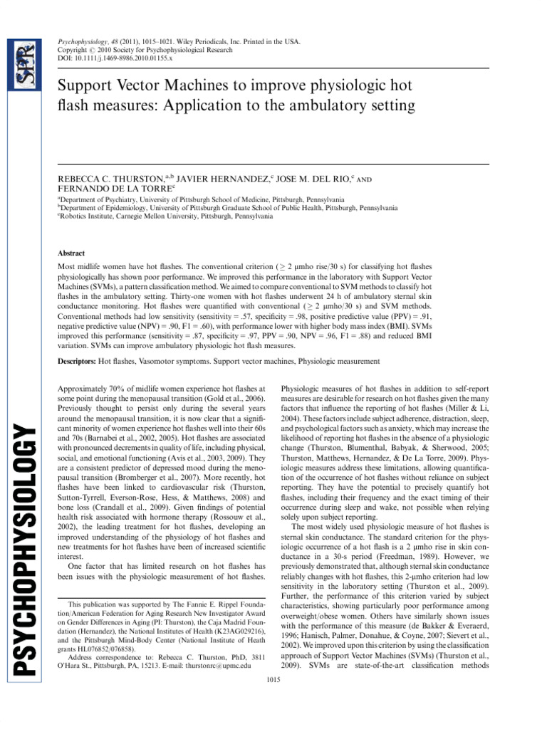 THURSTON 2010, Support Vector Machines To Improve Physiologic Hot Flash ...