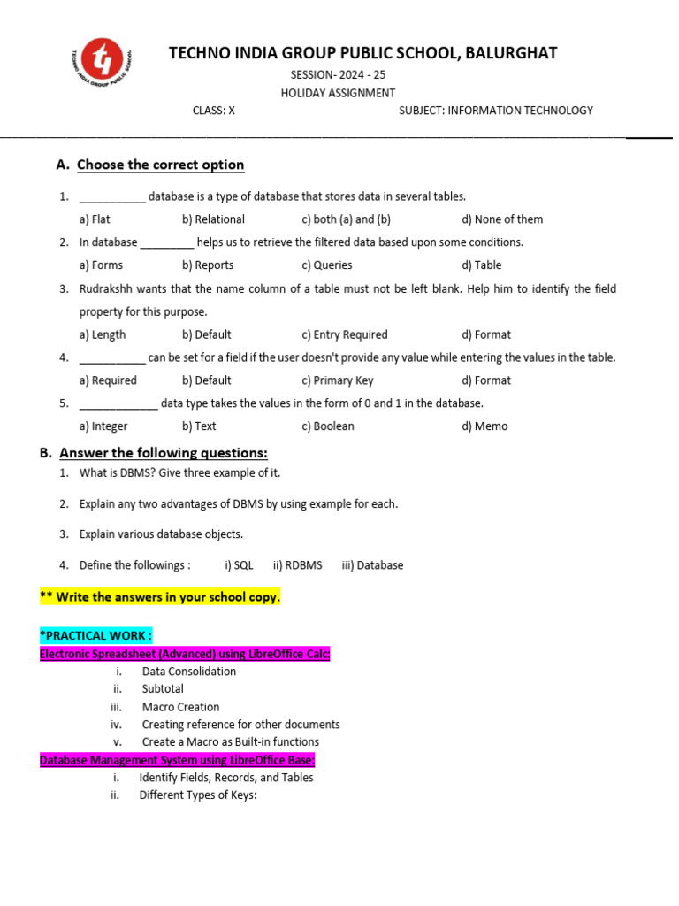 Class - X - It - Puja Vacation Assignment-2024 - 25 | PDF