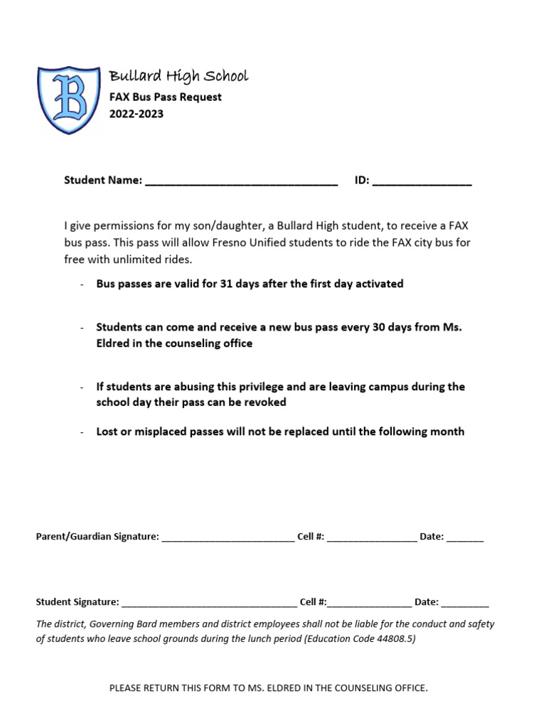 Bullard High FAX Bus Pass Request Form | PDF