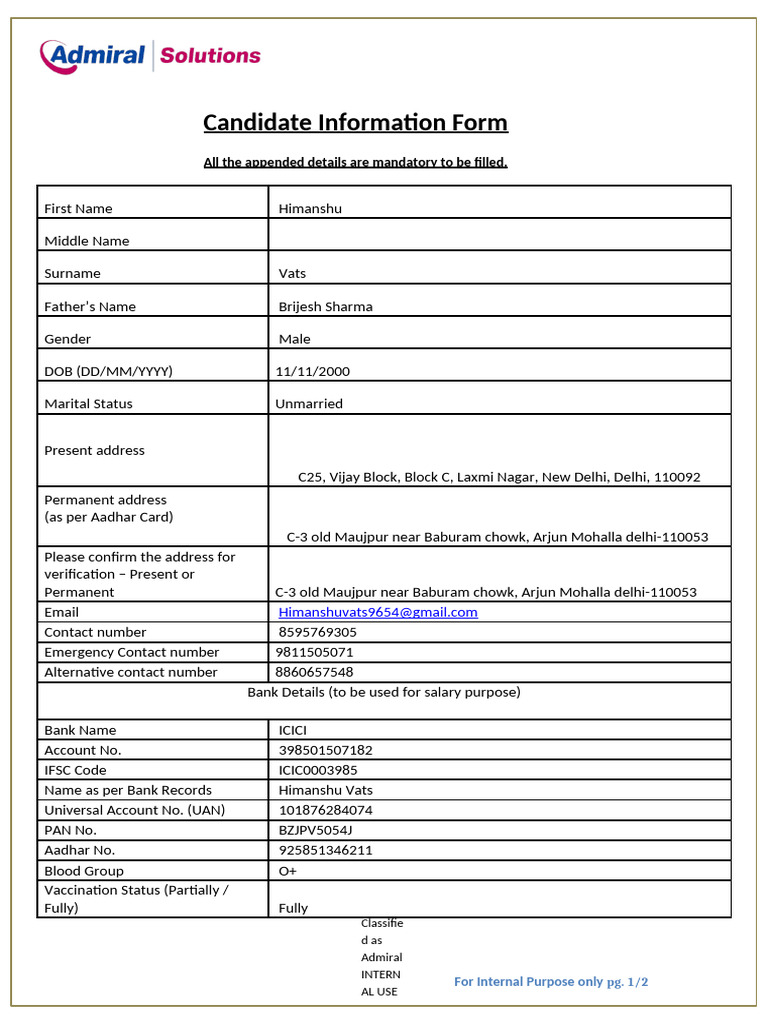 Admiral Solutions - Candidate Information Form | PDF | Authentication
