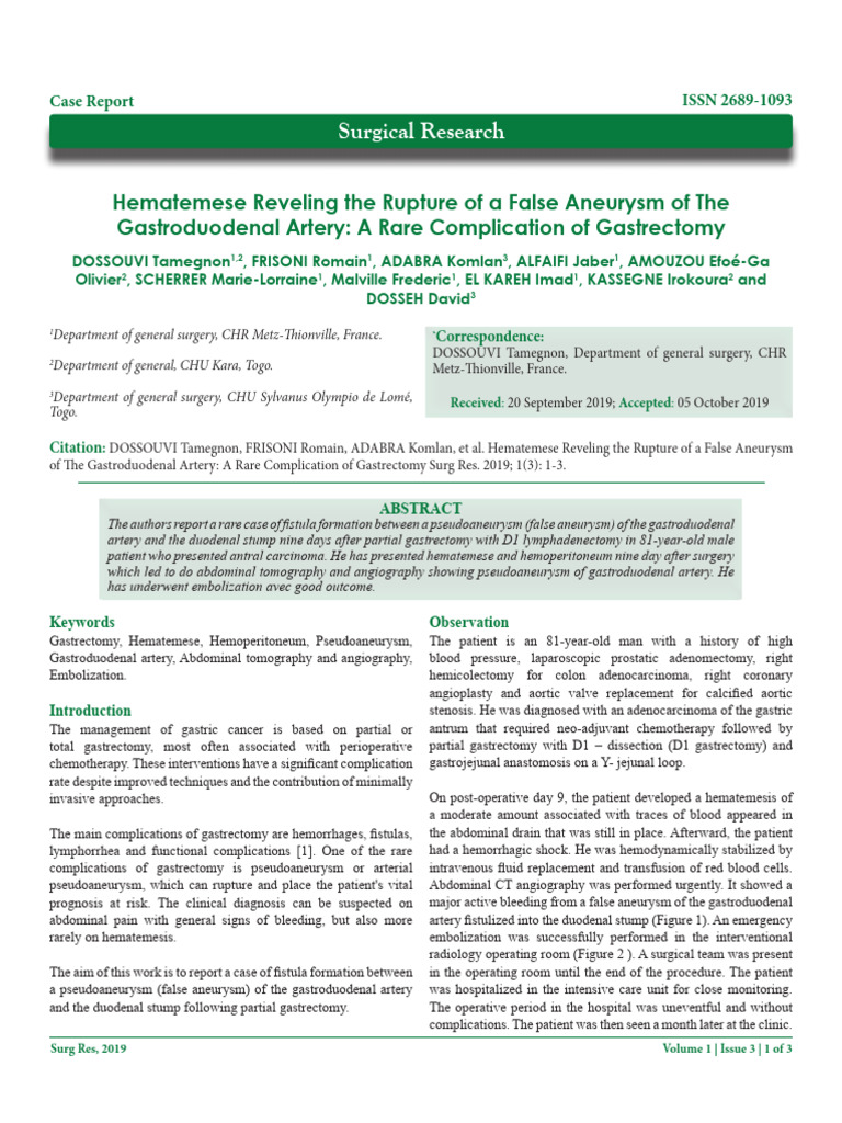 Hematemese Reveling The Rupture of A False Aneurysm of The Gastroduodenal Artery: A Rare ...