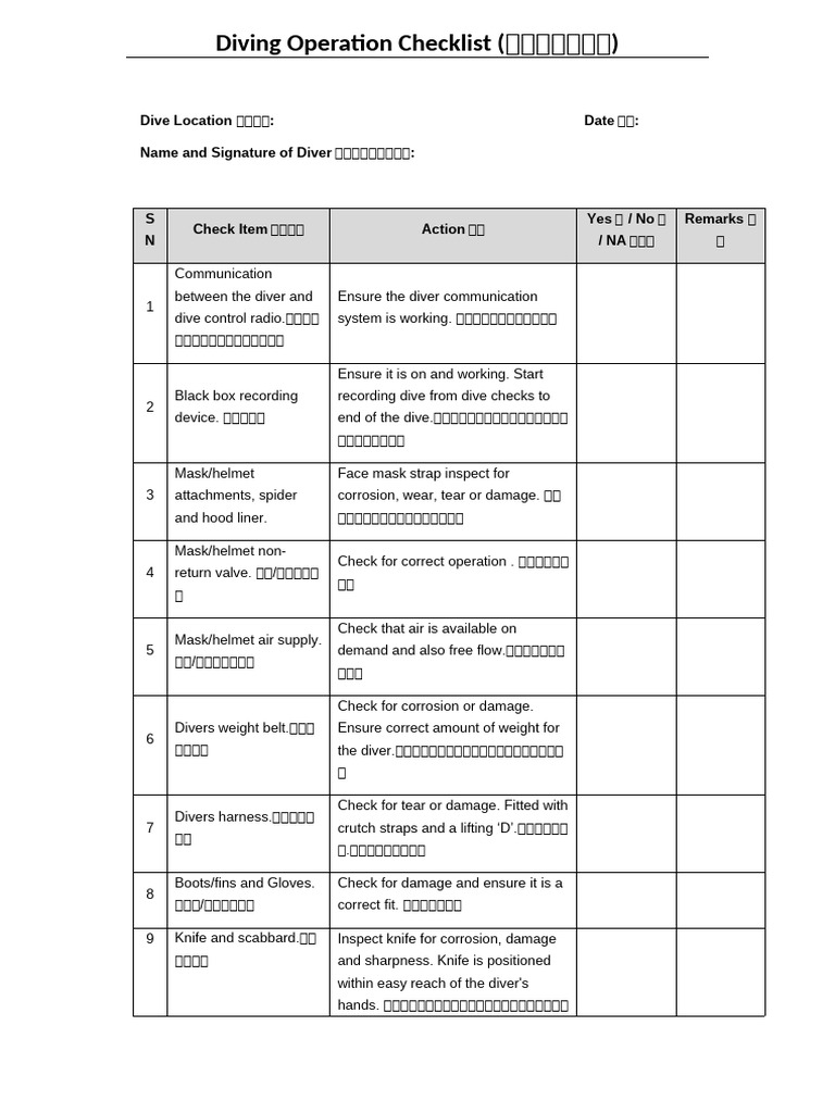 Diving Operation Checklist[1] | PDF | Underwater Diving | Diving Equipment