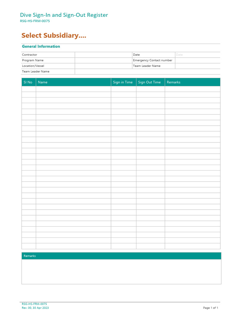 RSG HS FRM 0075 - Dive Sign in Out Register | PDF