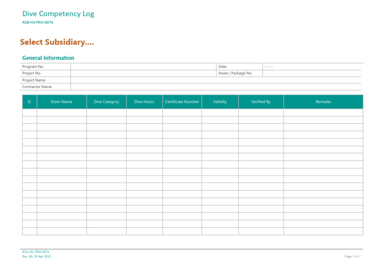 RSG HS FRM 0074 - Dive Competency Log | PDF