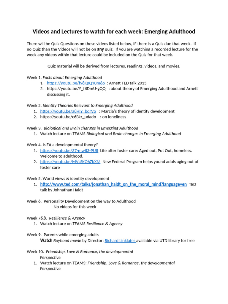 Weekly Videos for Emerging Adulthood | PDF | Adults | Ageing