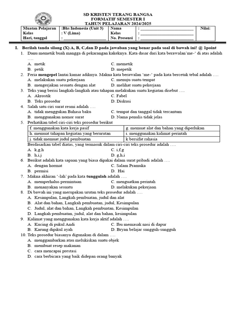 K5 Formatif BI Unit 3 48x BB (36 Pusat - 12 Citarum) | PDF