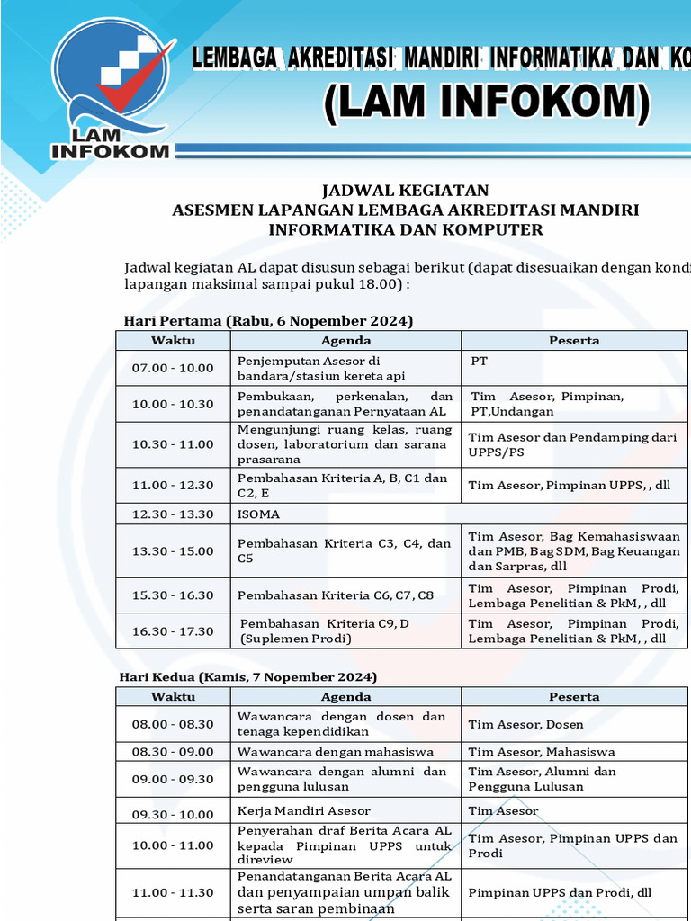 Jadwal - Kegiatan - AL - LAM - INFOKOM - Politeknik Sawunggalih Aji | PDF