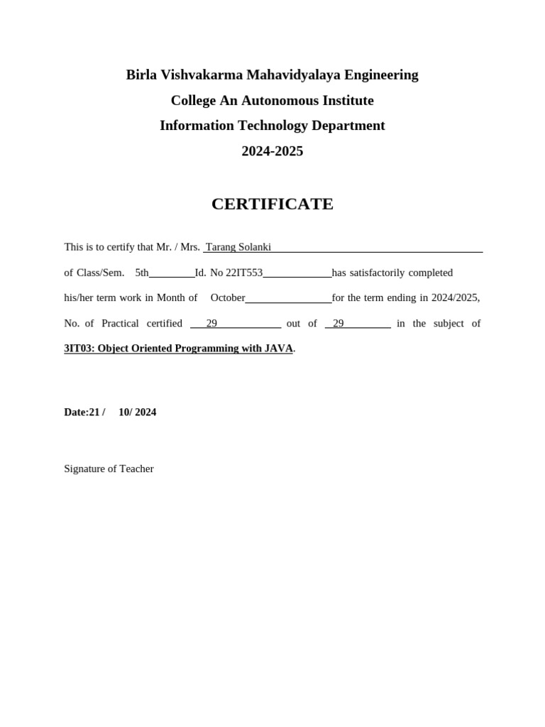 Certificate JAVA.docs | PDF