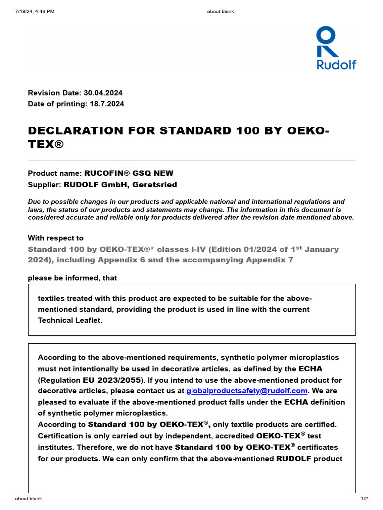 Oeko Tex Certificate | PDF