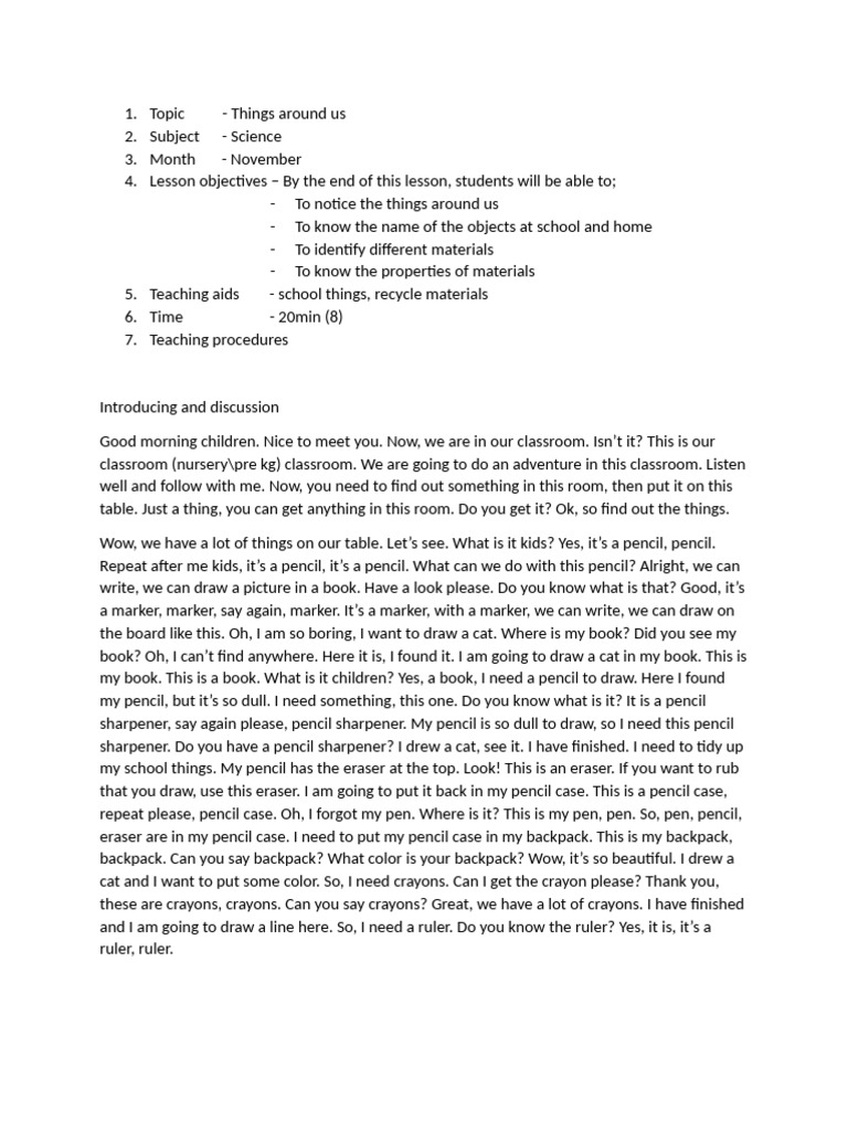 Science Lesson Plan November | PDF | Writing Implements