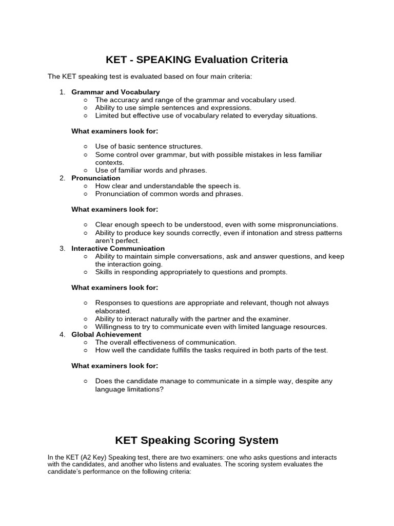 KET - SPEAKING Evaluation Criteria | PDF | Question | Communication